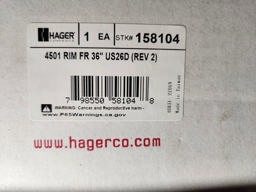 Hager 4501 RIM F 36" US26D 36" Grade 1 Fire Rated Rim Exit Device ...