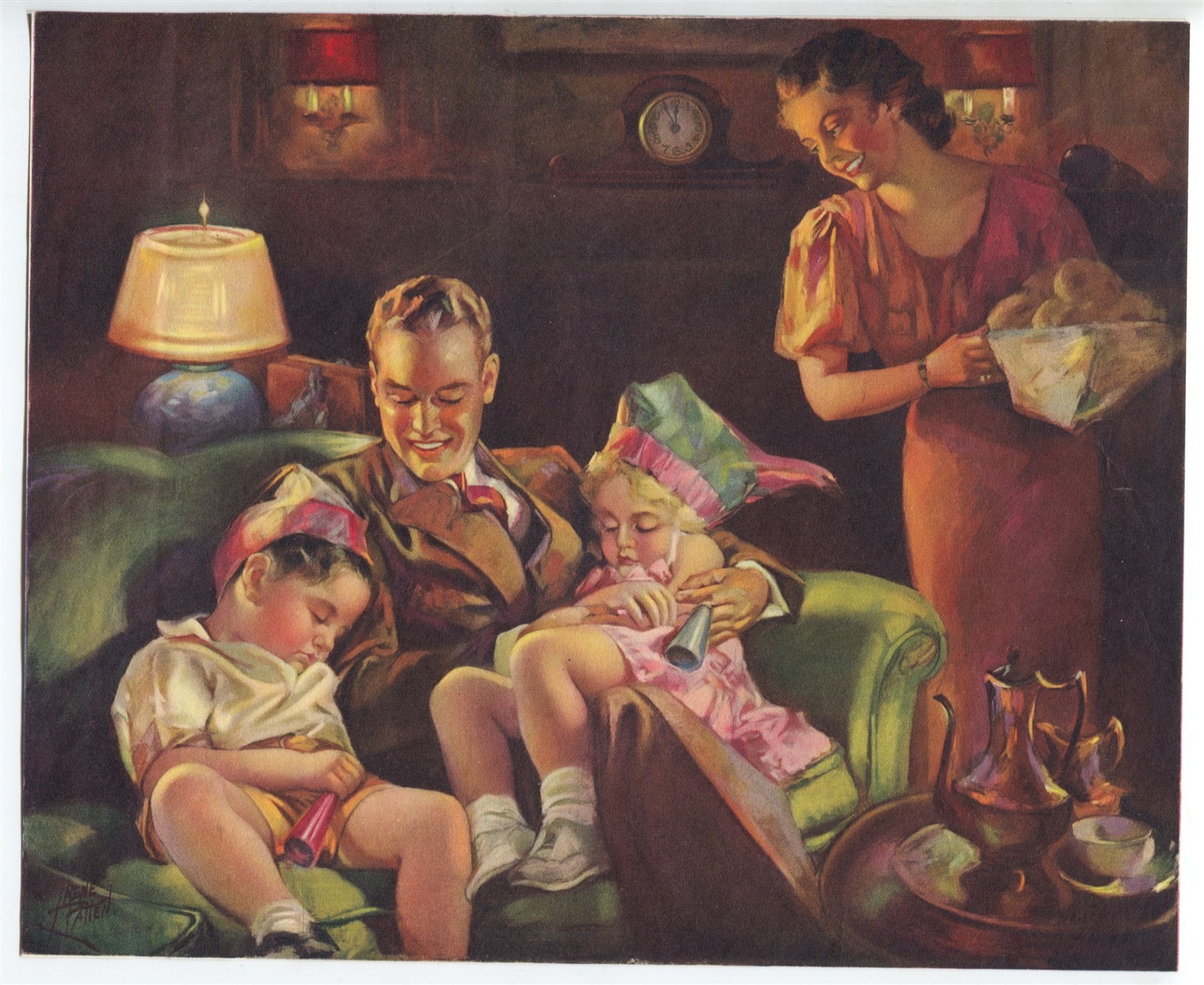 Vintage 1930's-40s Irene Patten Print Dad Sitting Sleeping Children ...