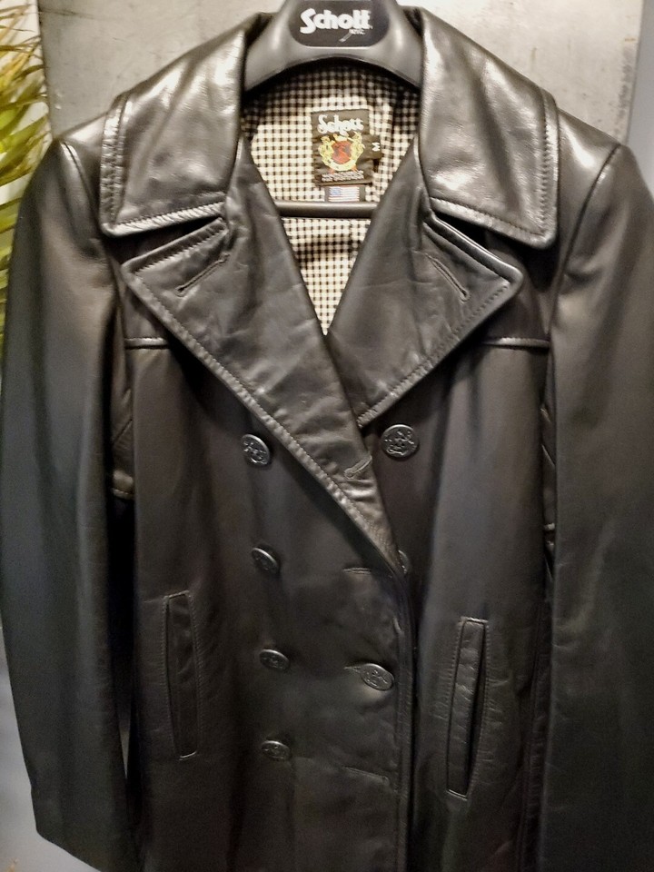 Schott Nyc RARE Leather NAVAL NEW/TAGS Pea Coat LIGHTWEIGHT MADE IN USA ...