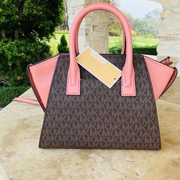 Michael Kors Avril Small Top Zip Satchel Brown /Sunset Rose Pink Wallet ...