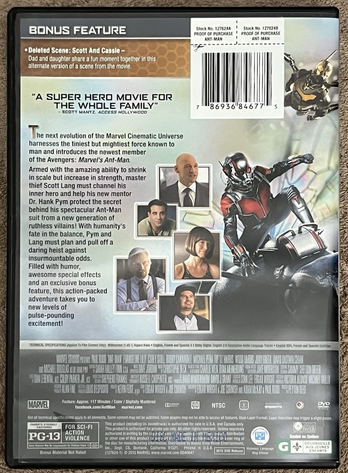 Ant-Man Marvel DVD (Paul Rudd, Evangeline Lilly, Michael Douglas ...
