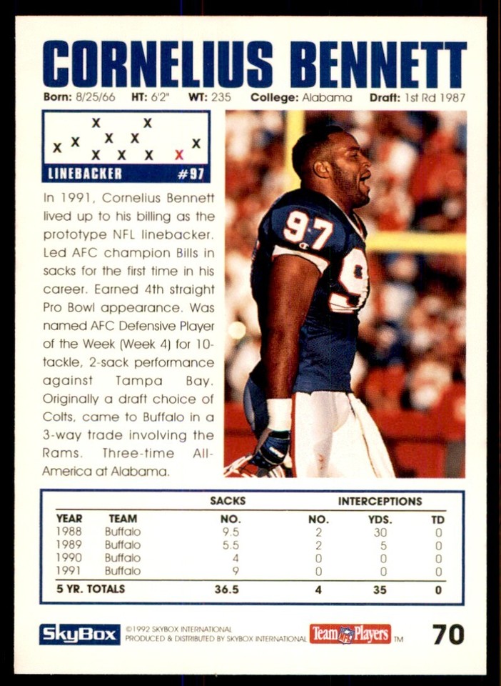 1992 SkyBox Cornelius Bennett Buffalo Bills #70 | eBay