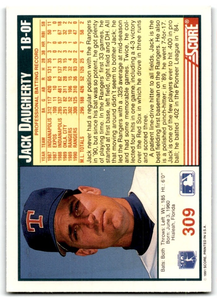1991 Score Jack Daugherty Texas Rangers #309 | eBay