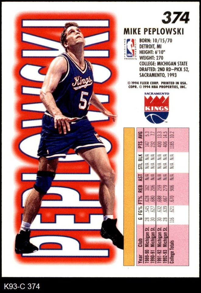 1993 Fleer #374 Mike Peplowski Kings RC Michigan St 8 - NM/MT | eBay
