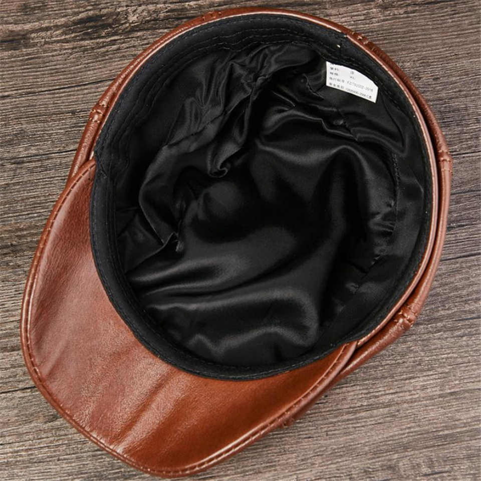 Genuine Leather Newsboy Cap Men Winter Black Octagonal Cap For Men Flat ...