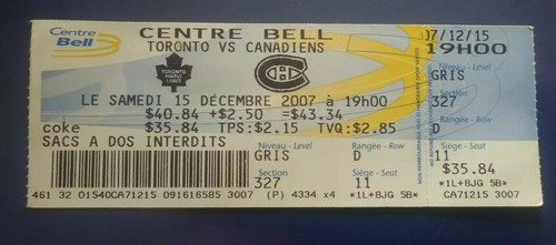 2007-2008 Montreal Canadiens vs Toronto Maple Leafs Ticket stub 15/12 ...