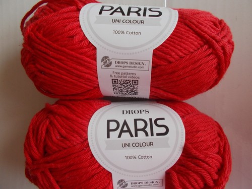 Drops Paris Uni Colour 100% cotton yarn, Red (#12), lot of 2 (82 yds ea ...