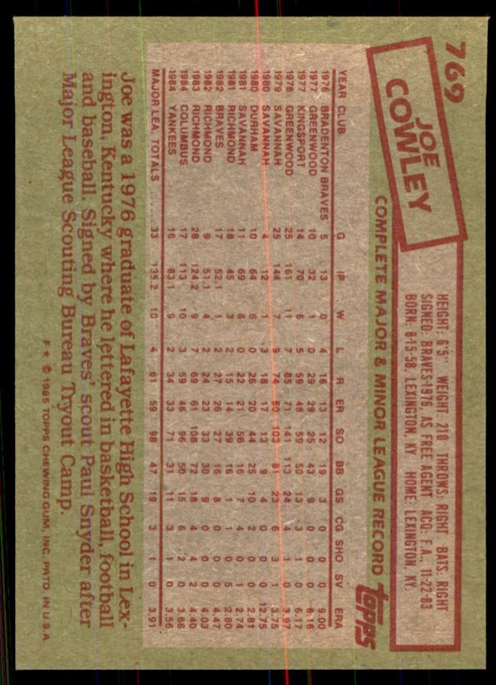 1985 Topps. Joe Cowley Baseball Cards #769 | eBay