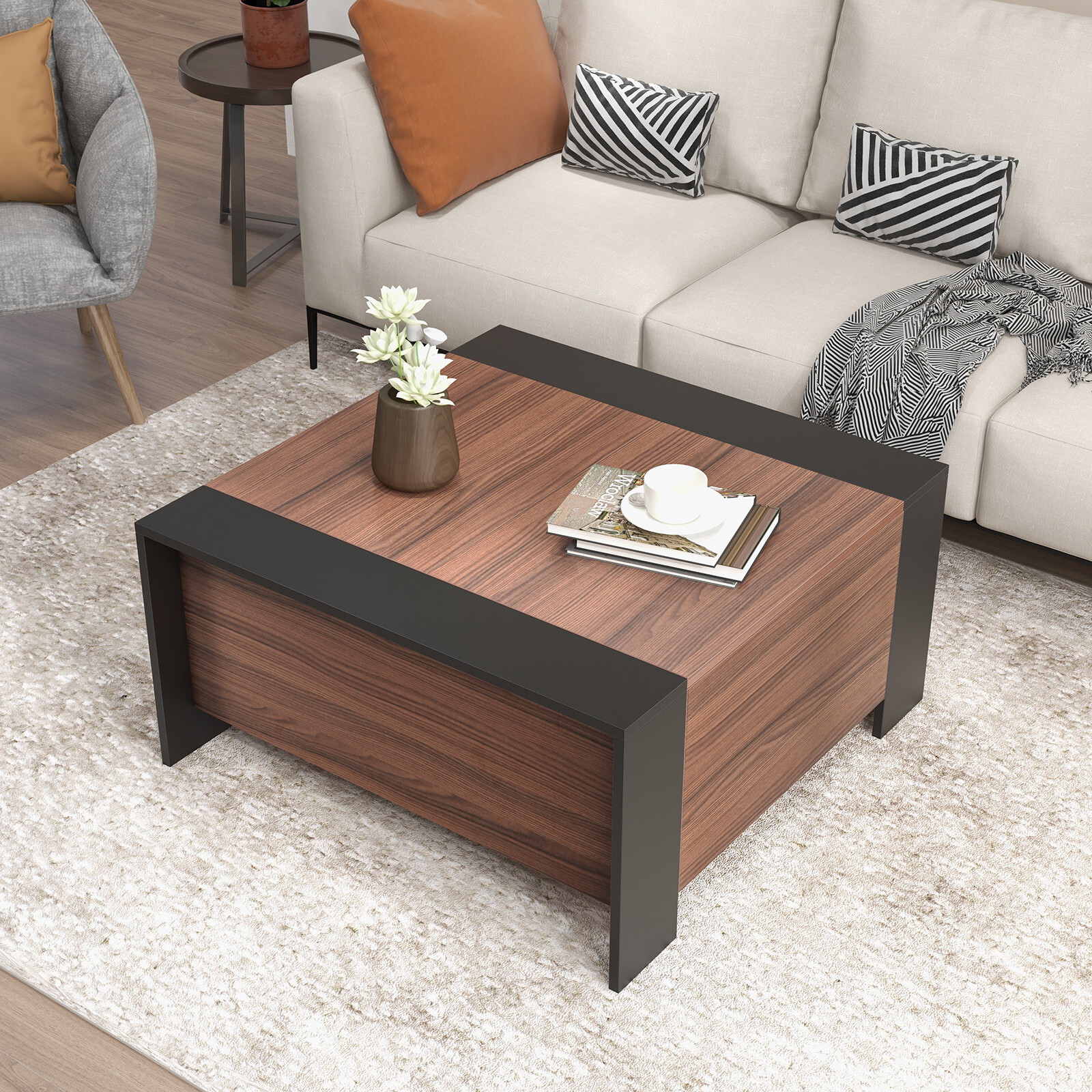 92cm Coffee Table w/Sliding Top Square Center Table Extendable Cocktail ...
