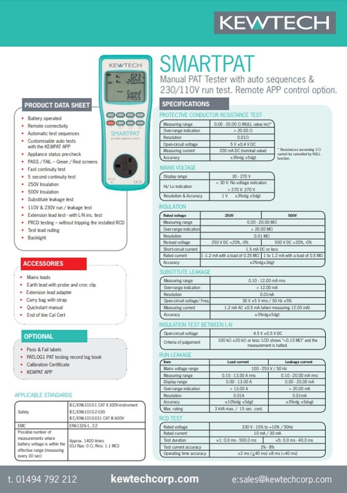 Kewtech SMARTPAT Portable Appliance Tester (PAT) with Remote App ...