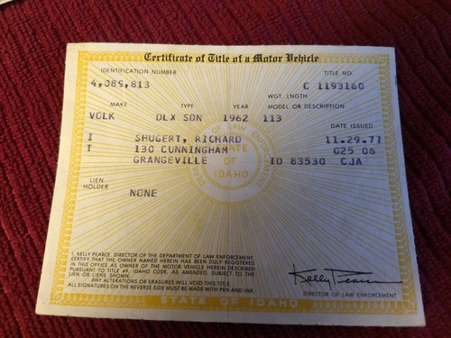 Vintage Historical Idaho Document 1962 Volks Deluxe Sedan | eBay