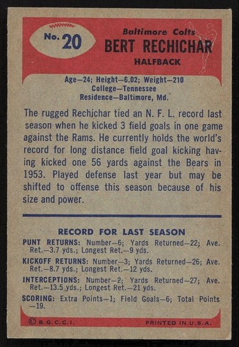 1955 Bowman Bert Rechichar Baltimore Colts #20 C88 | eBay