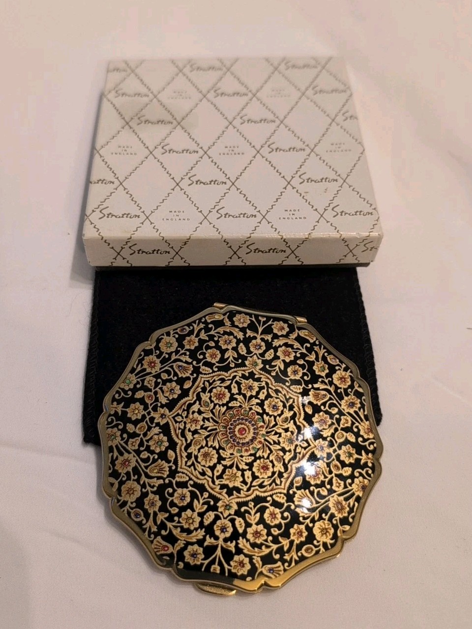 Vintage Stratton Black & Gold Floral Powder Mirror Compact Case England