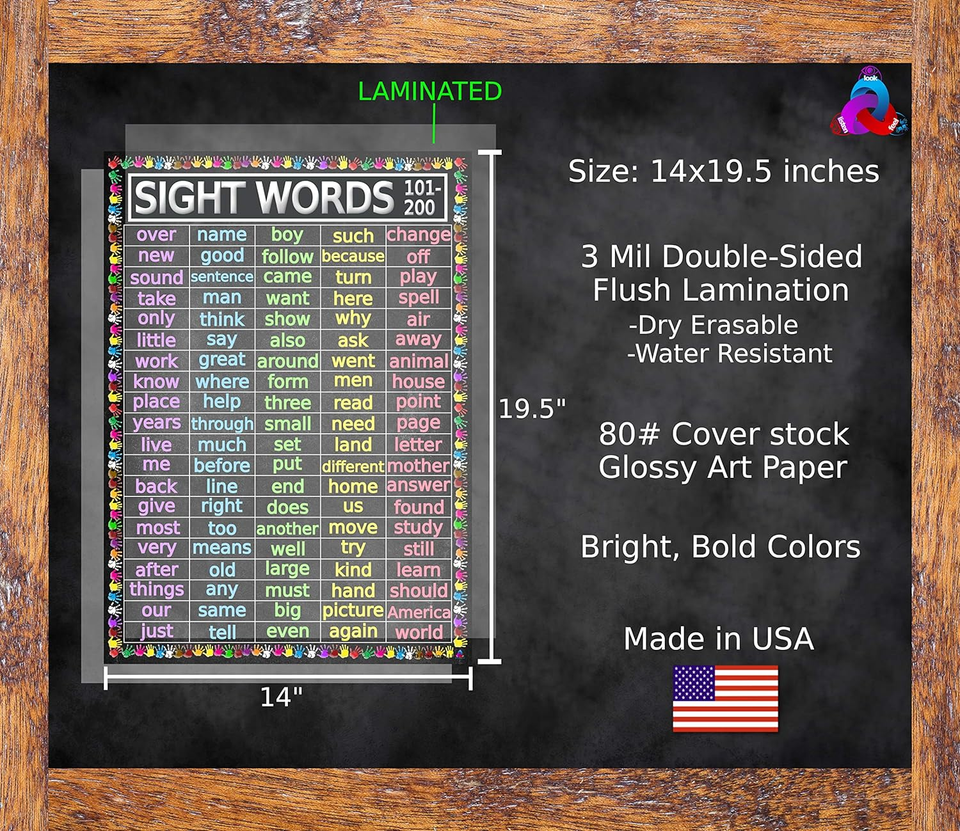 Advanced Sight Words Poster 101-200 for Second Grade - Laminated 14X19 ...