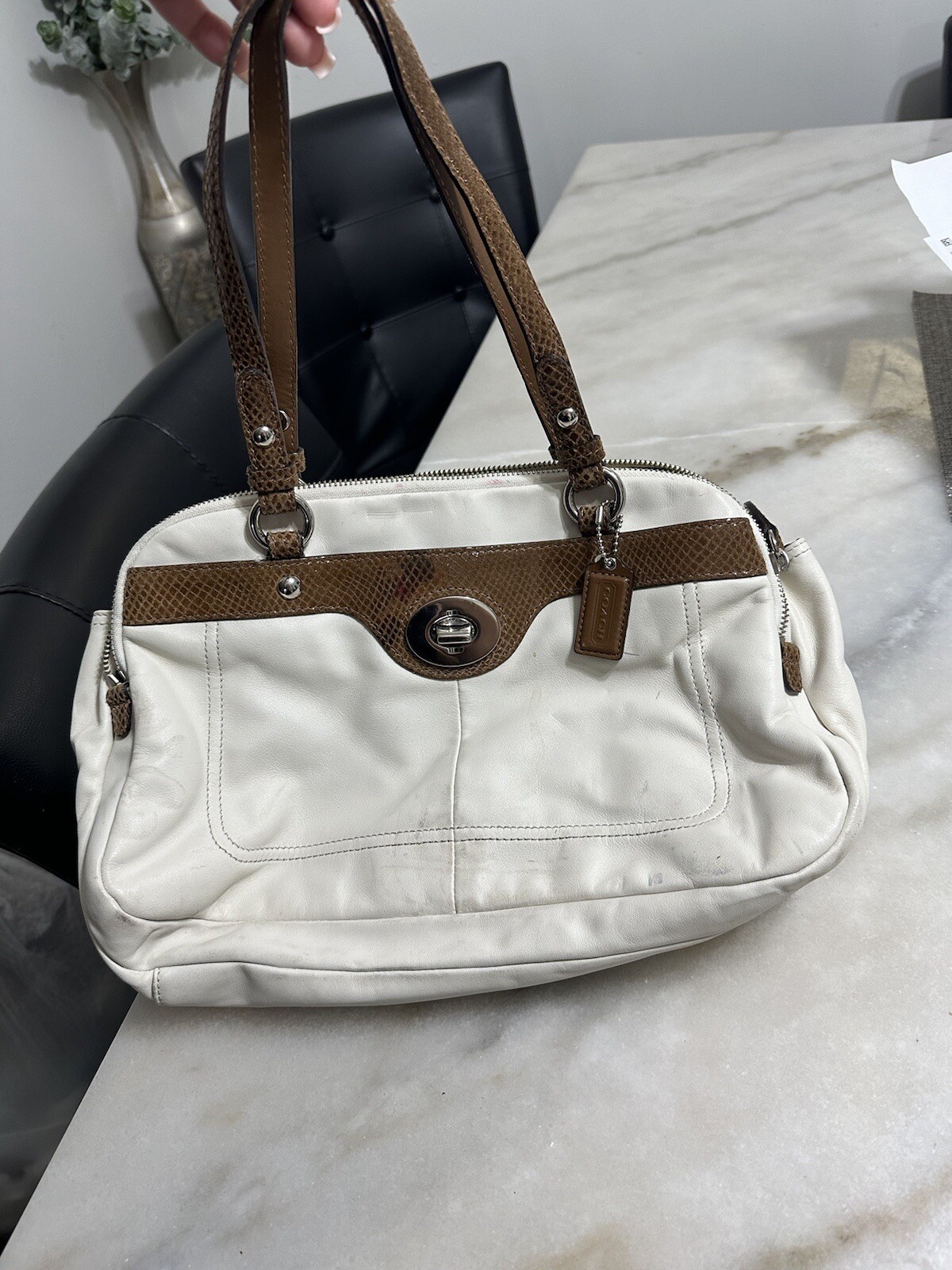 COACH Penelope Ivory Leather Brown Snakeskin Carryall… - Gem
