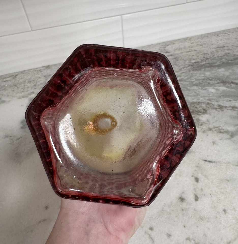 Vintage Red & Yellow 6-Sided Diamond Cut Pattern Glass Wine Bottle Rare ...