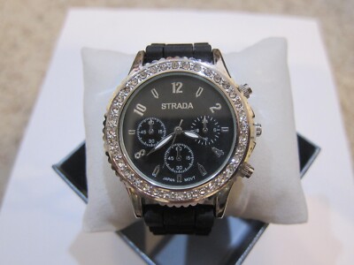 Brand New Womens Strada Black Silicone Band & Crystal Bezel Quartz ...