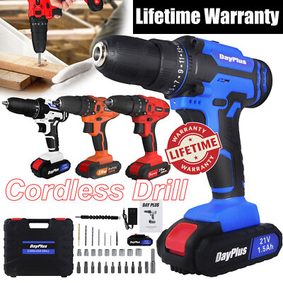 21V Cordless Drill Electric Screwdriver Driver Combi Drills Kit + 0/1/2 ...