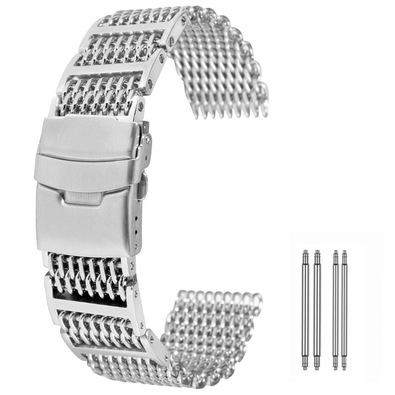 22mm H Link Shark Mesh 316L Stainless Watch Strap Polished Silver Watch ...