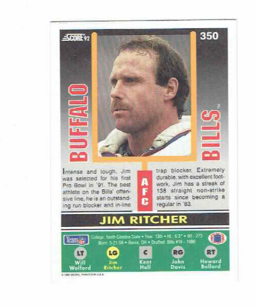 Jim Ritcher Buffalo Bills G #350 Score 1992 Football Card | eBay