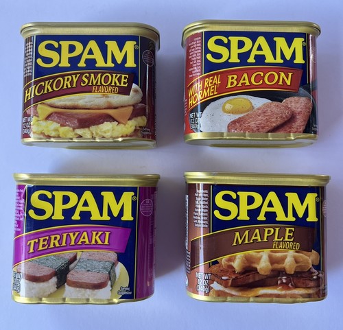4 CANS SPAM Variety, Hickory Smoke, Bacon, Teriyaki, Maple, Ready-To ...