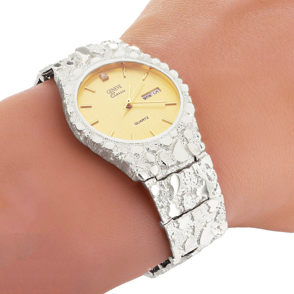 925 Sterling Silver Nugget Wrist Watch Geneve Diamond Watch 7.5-8 ...