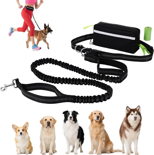 Hands Free Dog Lead with Waist Pack – 1.6m to 2.2m Dual Handles Elastic ...