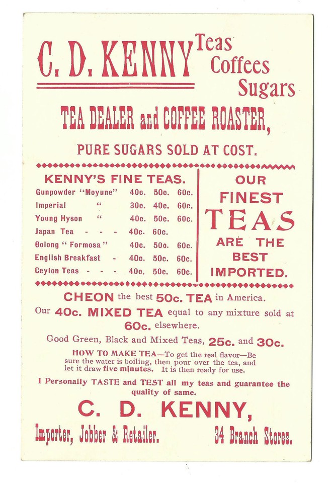 Old Trade Card C.D. Kenny Teas Coffees Sugars CD C D Importer Retailer ...