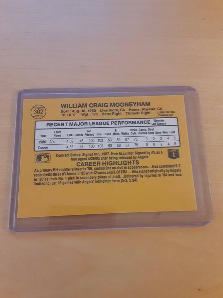 1987 Donruss #302 BILL MOONEYHAM Oakland Athletics Baseball Card, SP ...