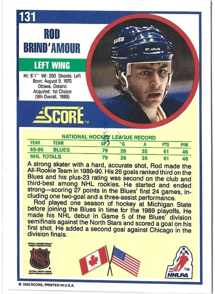 Rod Brind'Amour Autographed 1990 Score Hockey Card #131 St. Louis Blues ...