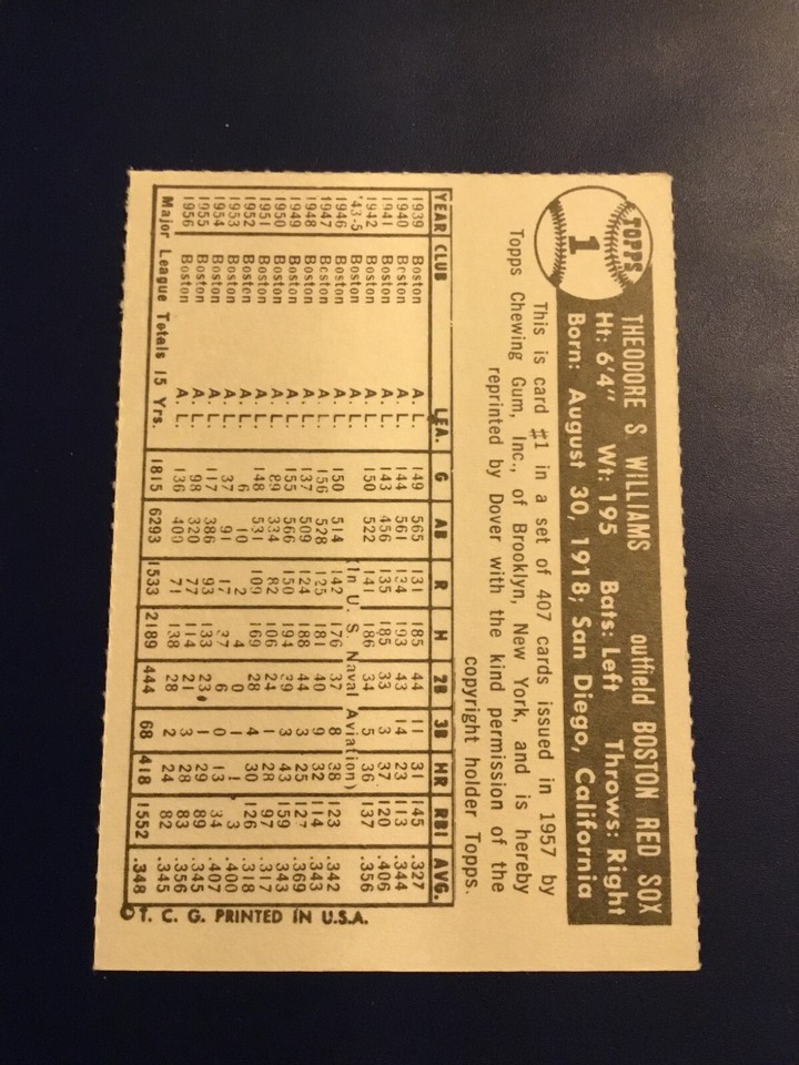 1977 Dover 1957 Topps Reprint Ted Williams Boston Red Sox #1 EXT-MINT ...