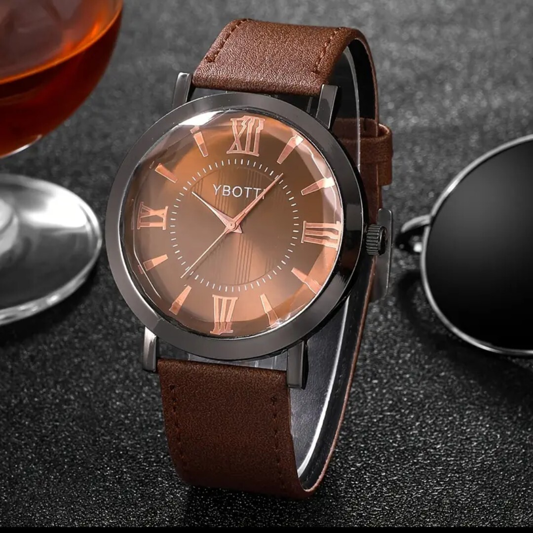 Ybotti Men's Quartz Brown Chic Round Pointer Quartz Watch & 3pc ...