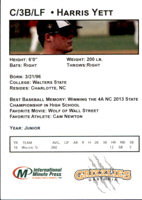 2016 Gastonia Grizzlies Team Issue #26 Harris Yett Walters State ...