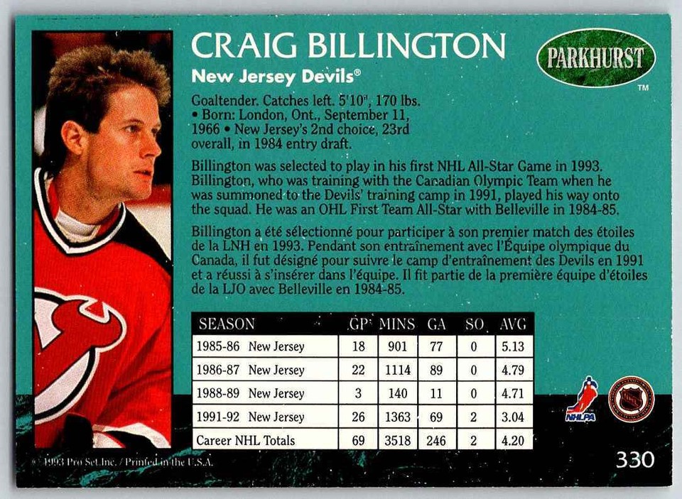 1992-93 Parkhurst CRAIG BILLINGTON #330 New Jersey Devils | eBay