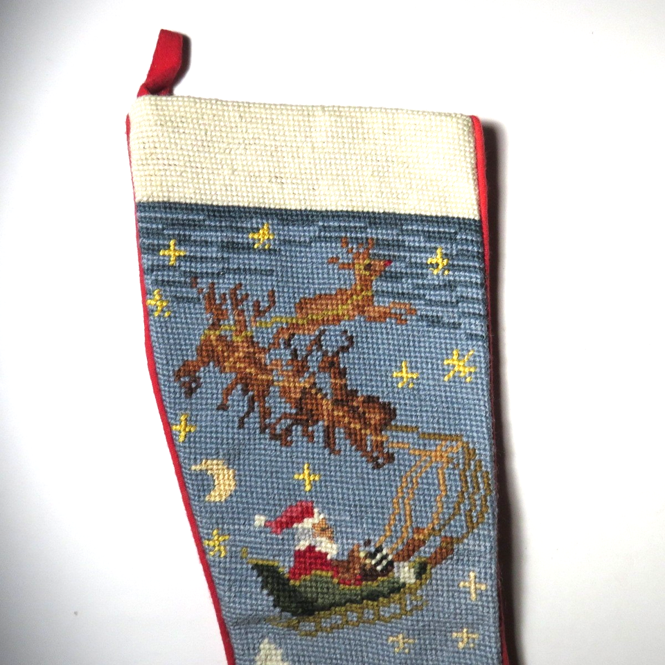 Vintage Needlepoint Christmas Stocking Santa Sleigh Reindeer Bunny ...