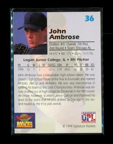 1994 SIGNATURE ROOKIES AUTOGRAPH Baseball Card #36 JOHN AMBROSE White ...