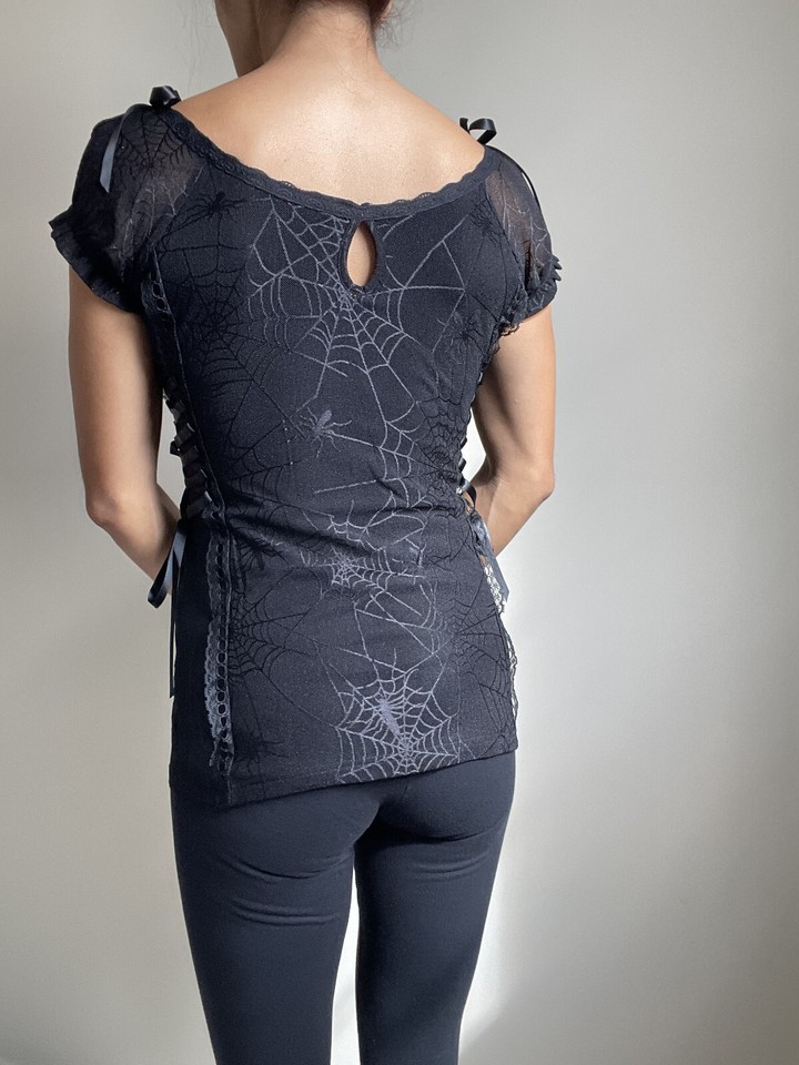 Lost Queen Goth Emo Spooky Spider & Spiderweb Black Mesh Lace up Top | eBay