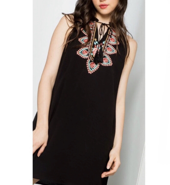 THML Black Embroidered Tassle Shift dress Small | eBay