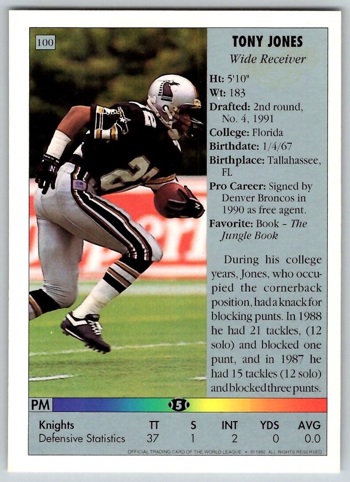 1992 ULTIMATE WLAF TONY JONES NY NJ KNIGHTS #100 | eBay