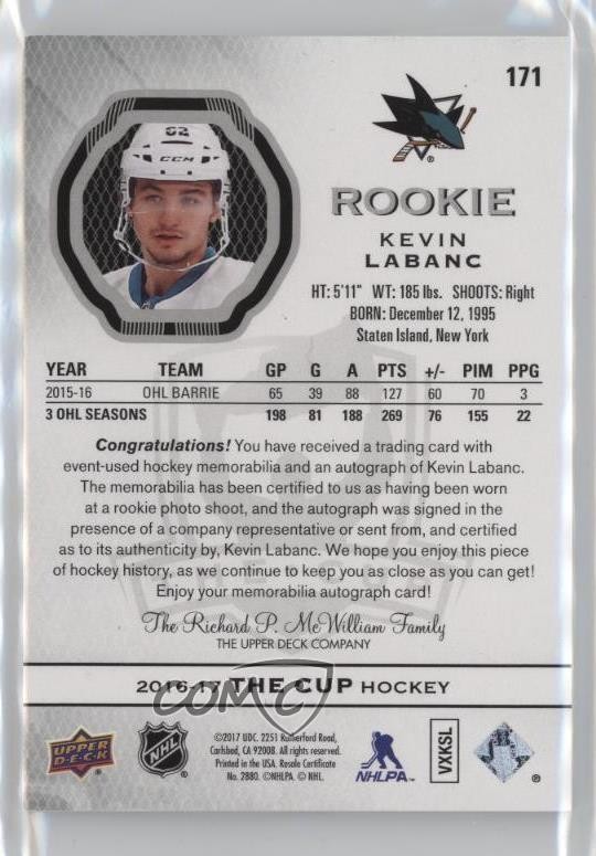 2016-17 Upper Deck The Cup /249 Kevin Labanc #171 RPA Rookie Patch Auto ...