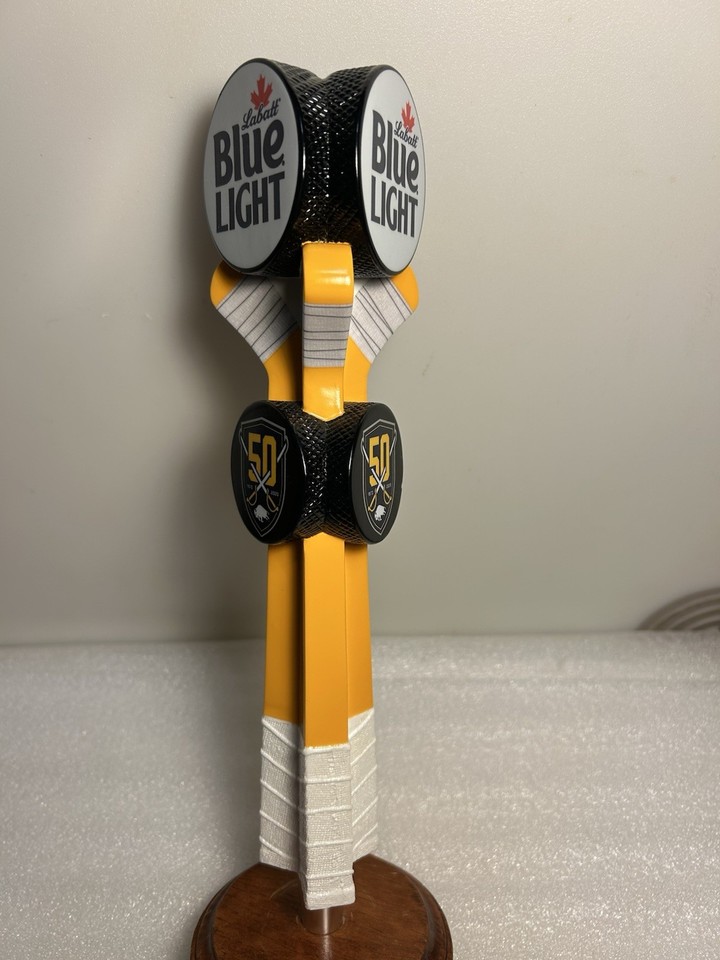 LABATT BLUE LIGHT BUFFALO SABRES 3 HOCKEY STICKS AND PUCKS beer tap ...