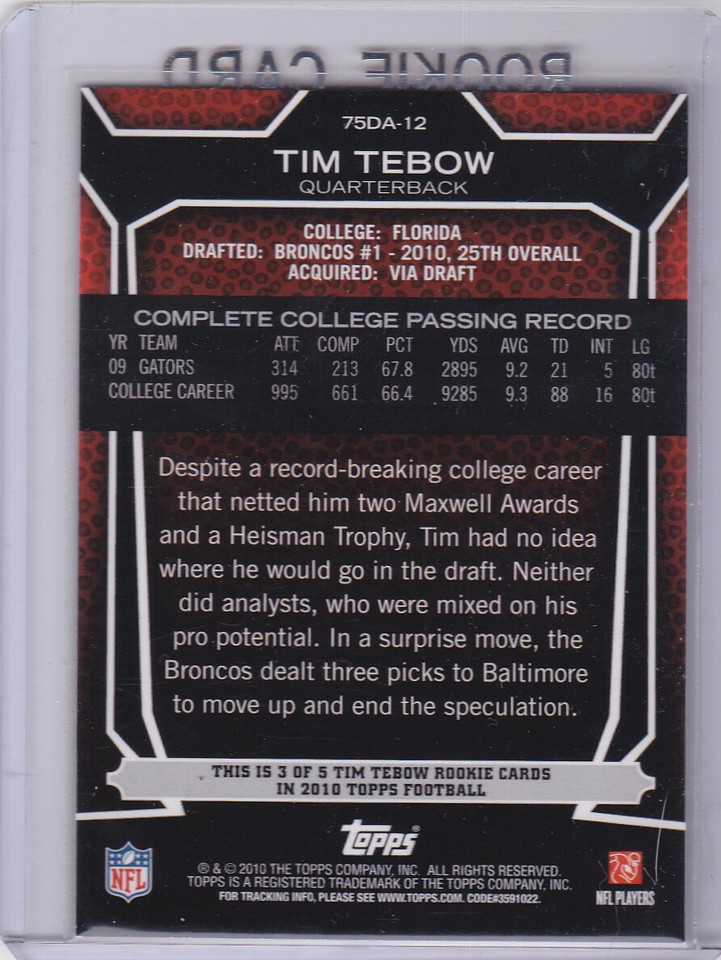 TIM TEBOW ROOKIE CARD Denver Broncos 2010 Topps NFL DRAFT PICK Football ...