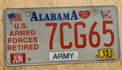 2013 ALABAMA US ARMED FORCES RETIRED ARMY AUTO LICENSE PLATE " 7 CG 65 ...