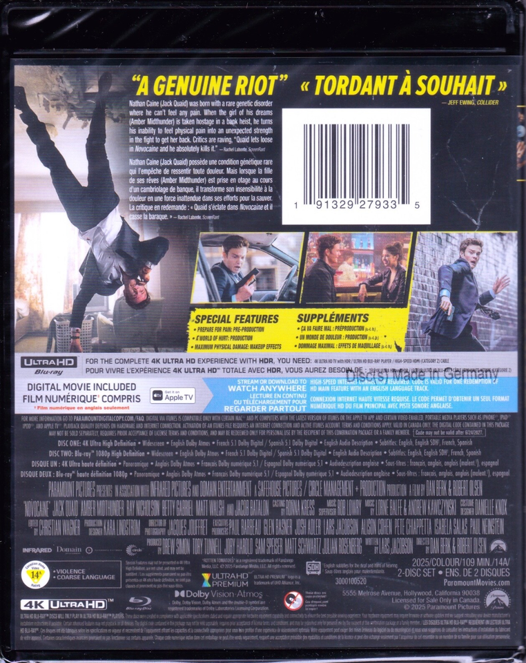 NOVOCAINE 4K ULTRA HD & BLURAY & DIGITAL SET with Jack Quaid & Amber ...