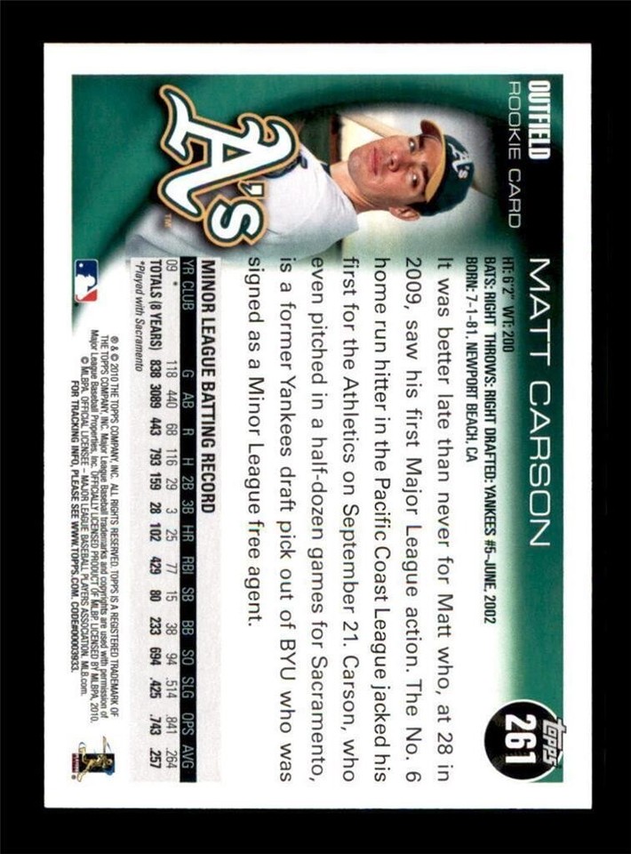 2010 Matt Carson Oakland Athletics Topps Rookie Baseball Card #261 | eBay