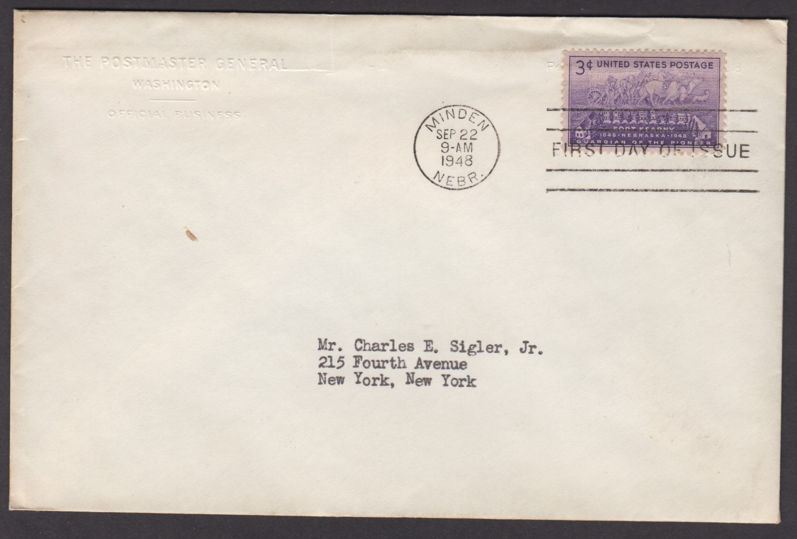 Signed Postmaster General Letter with 3¢ Fort Kearny stamp FDC Scott ...