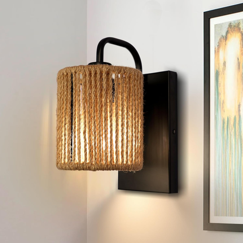 Rattan Wall Sconce, Boho Wall Light Fixtures with Hemp Rope Rustic Wall ...