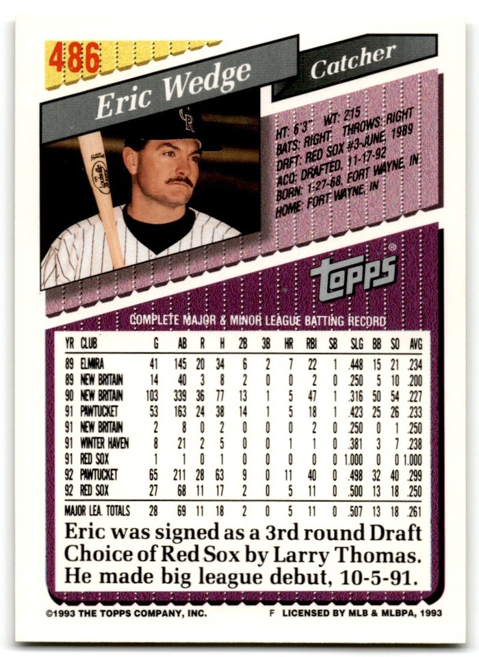 1993 Topps Gold Eric Wedge Rookie Colorado Rockies #486 | eBay