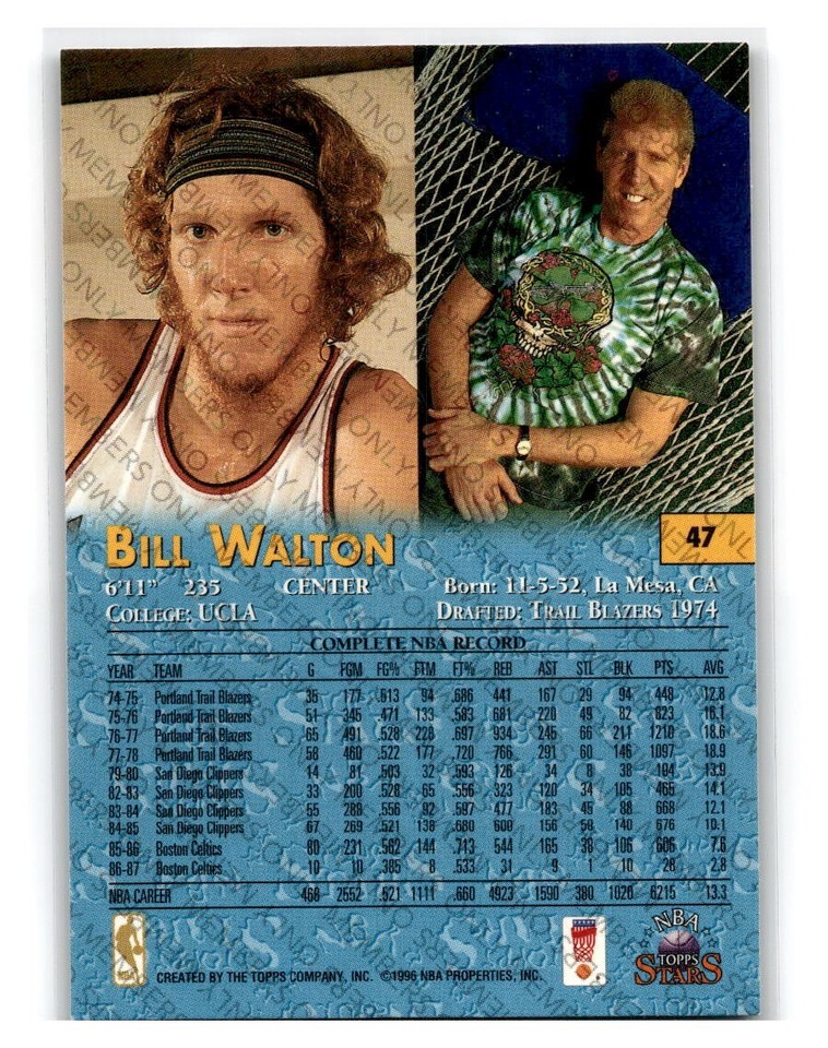 1996-97 Topps NBA Stars #47 Bill Walton Members Only - San Diego ...