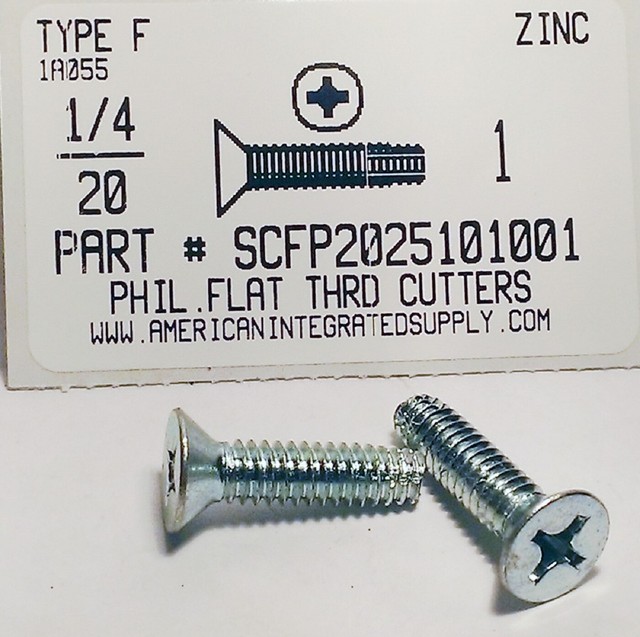 1/4-20x1" Flat Phillips Thread Cutting Screws Type F Steel Zinc Plated ...